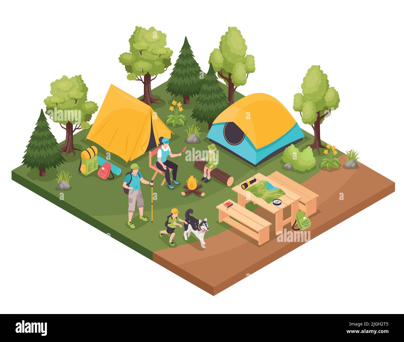 Isometric hiking camping composition with view of forest camp with two ...