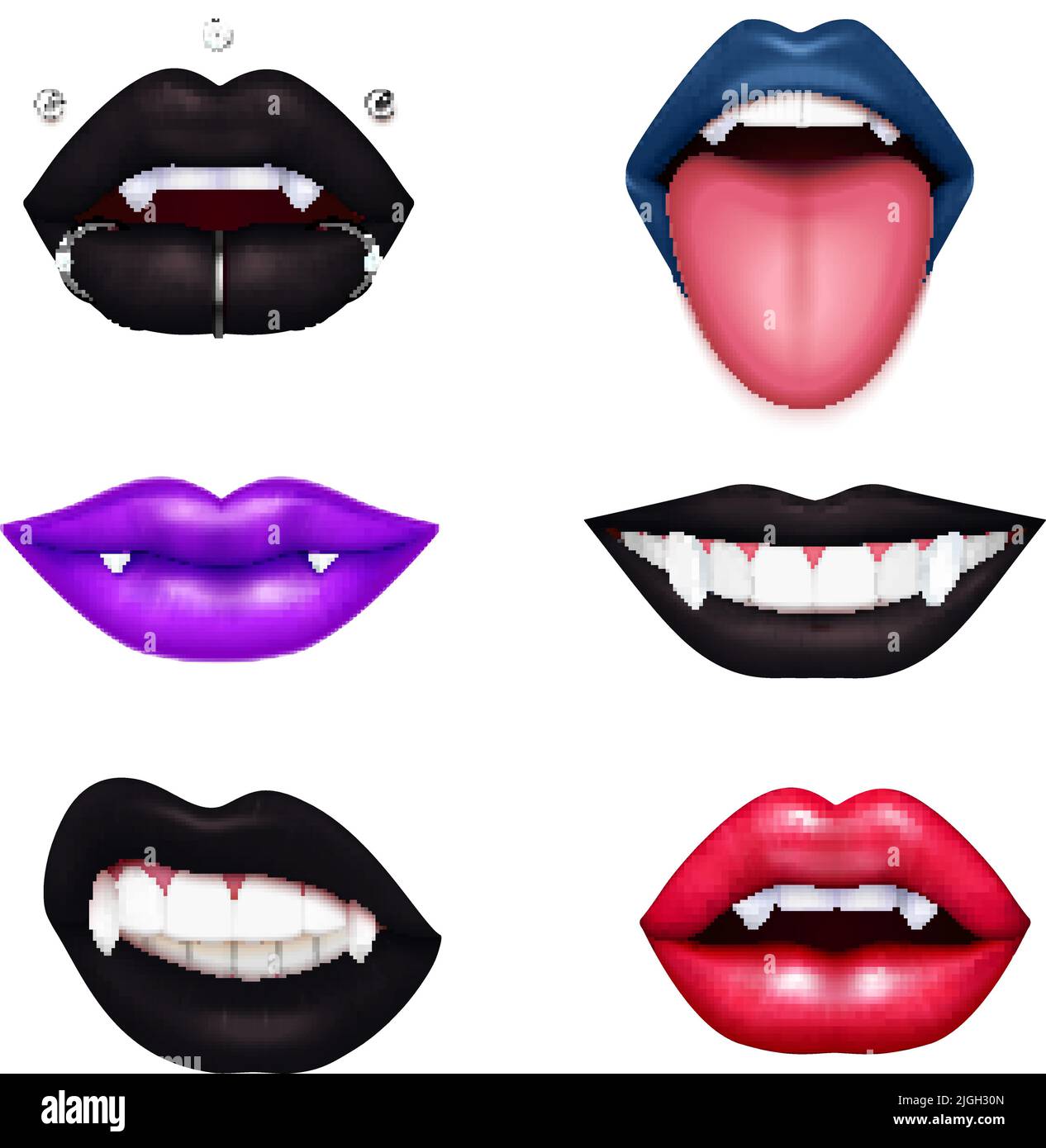 Set with isolated vampire lips realistic images with colorful lipsticks ...