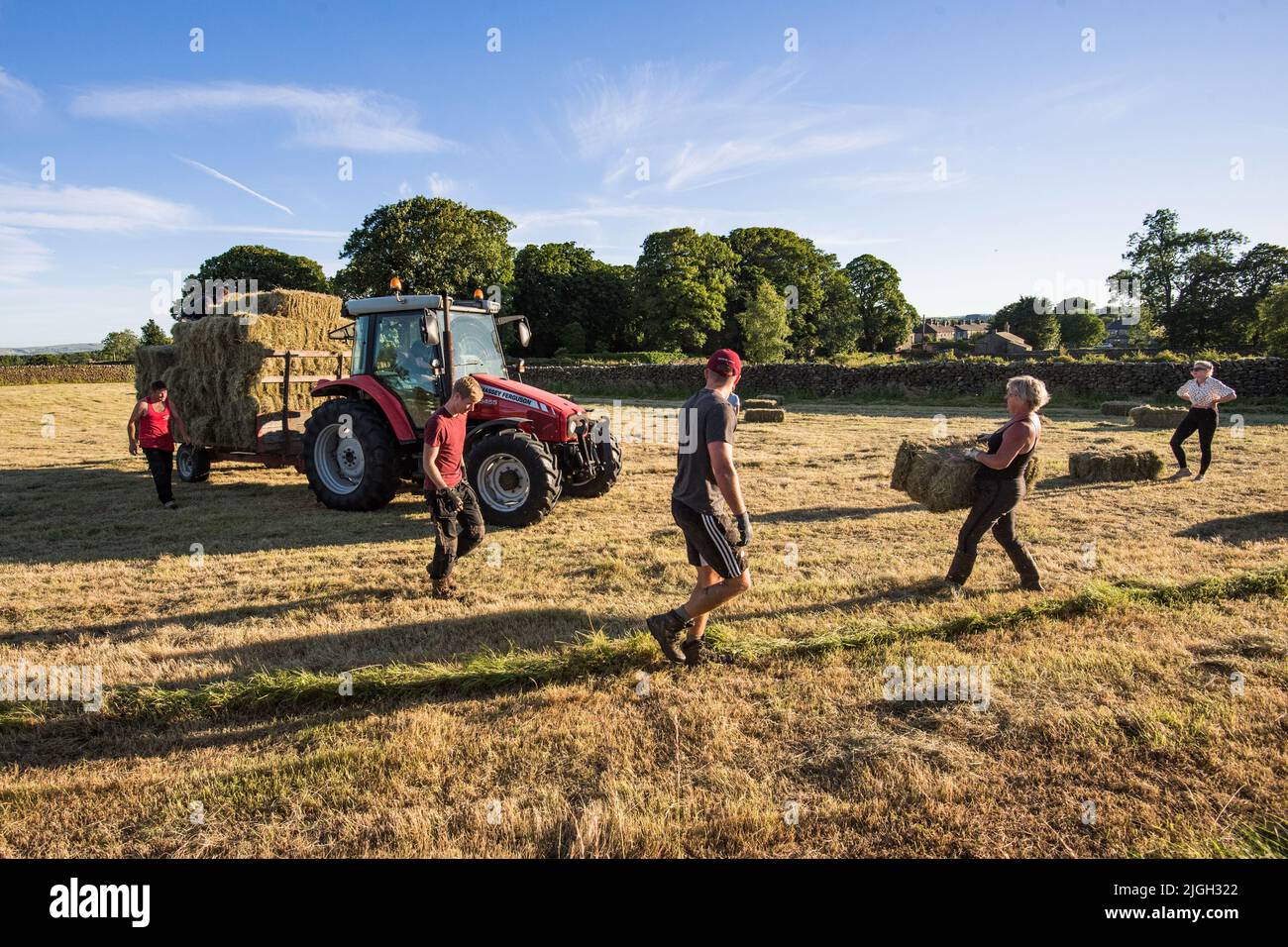 Collecting up traditional, small hay bales at Long Preston, North ...