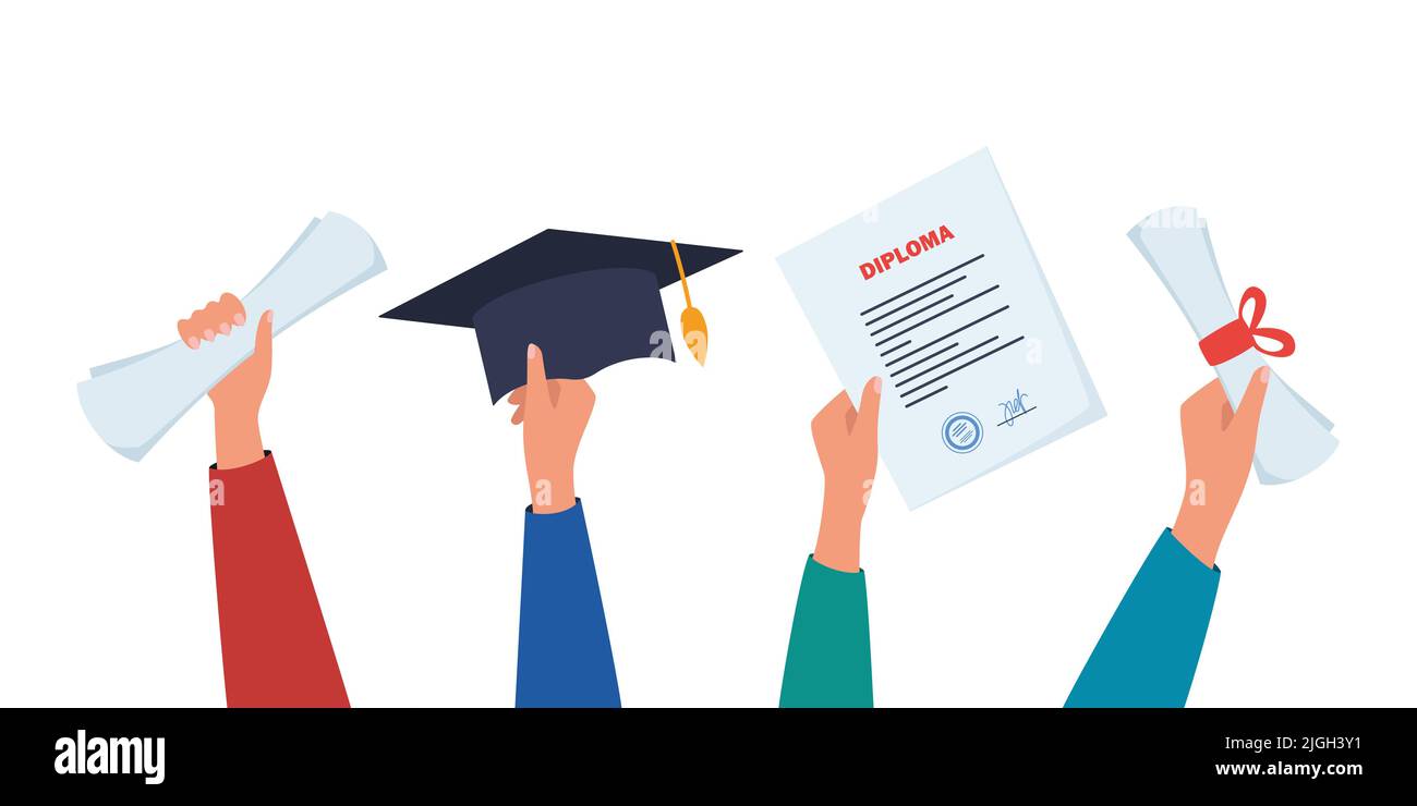 Hands holding diplomas, graduation cap and certificates. Celebrating ...
