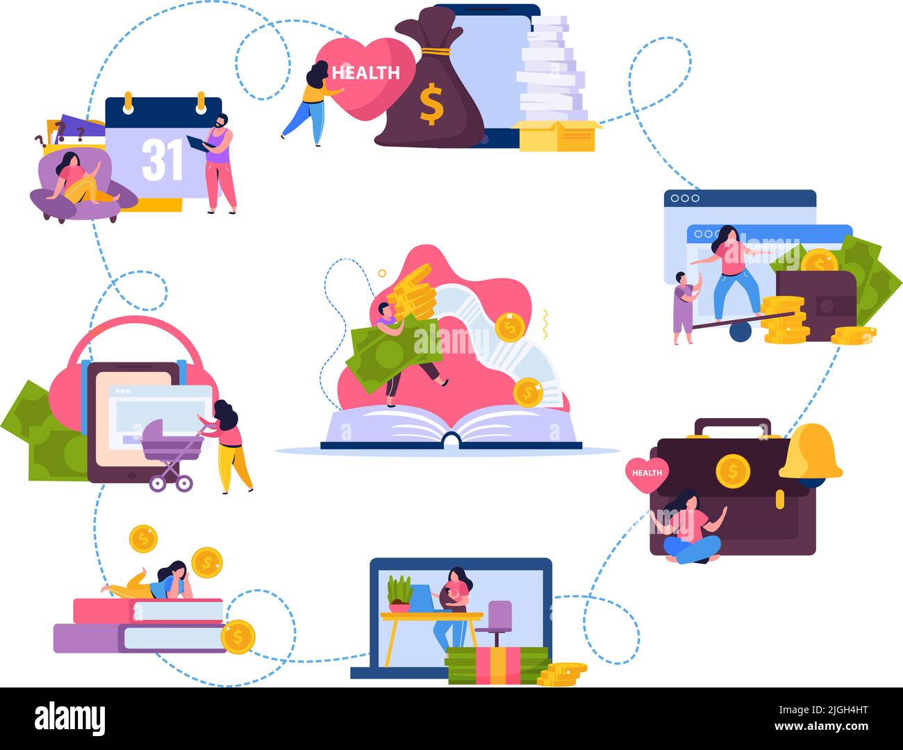 People earning money flat composition with round timeline of isolated ...