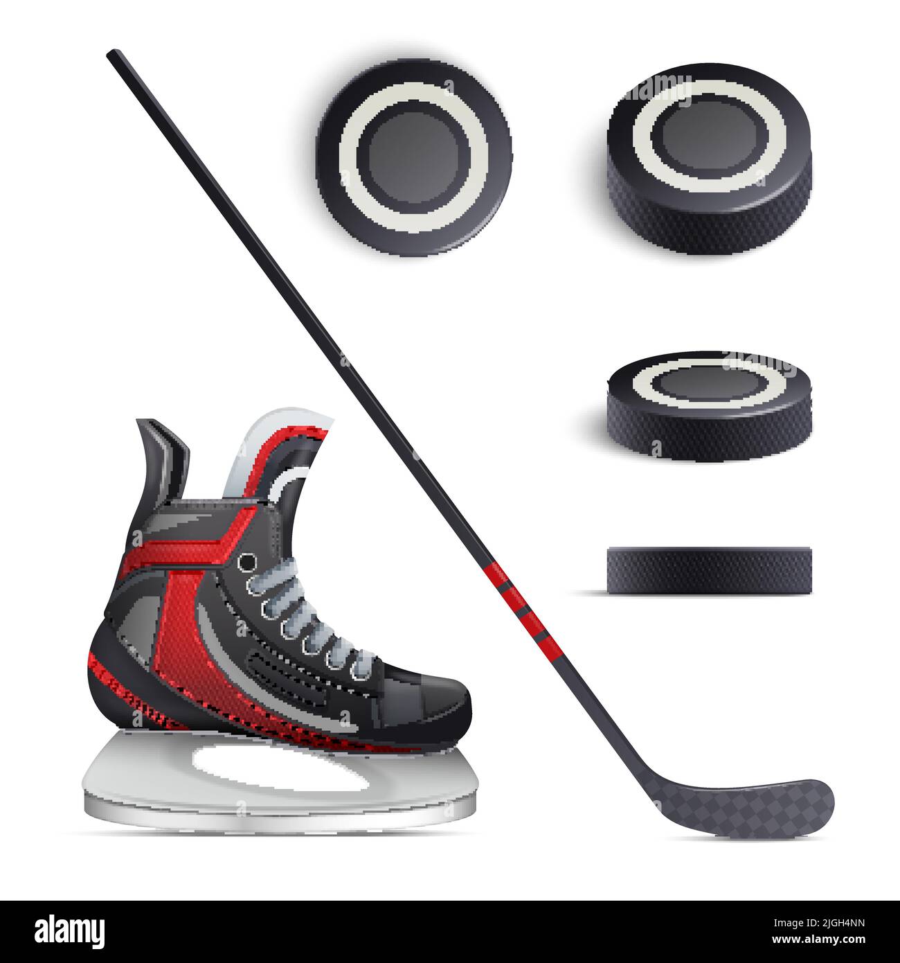 Hockey set with realistic skate stick top and side views of puck ...