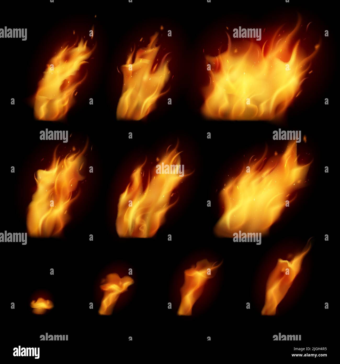Fire realistic set of different abstract forms of small and big bright ...