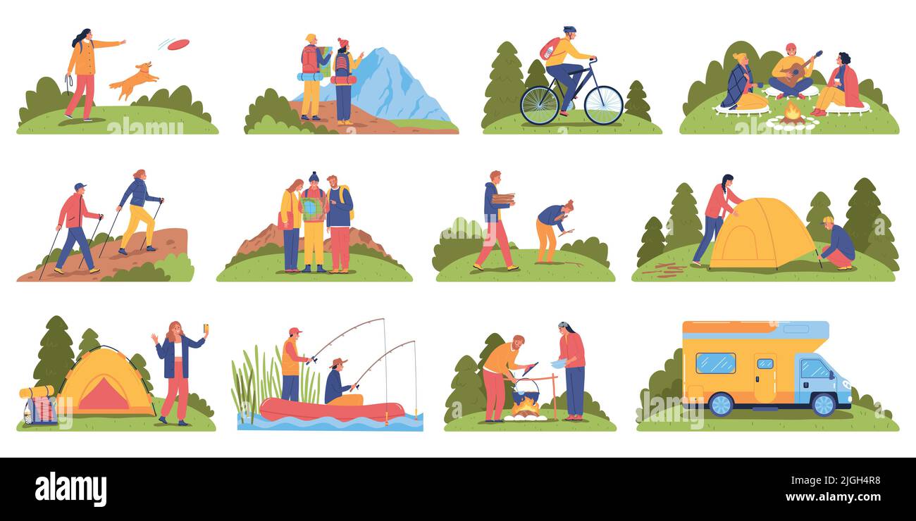 Hiking flat set of people setting up camp tent fishing from boat ...