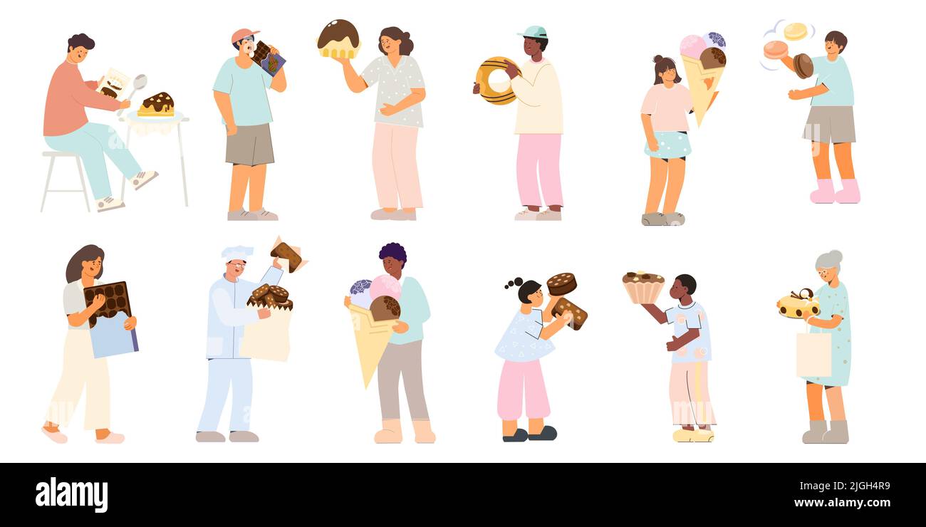 Sweet eat set with flat isolated human characters of different age and ...