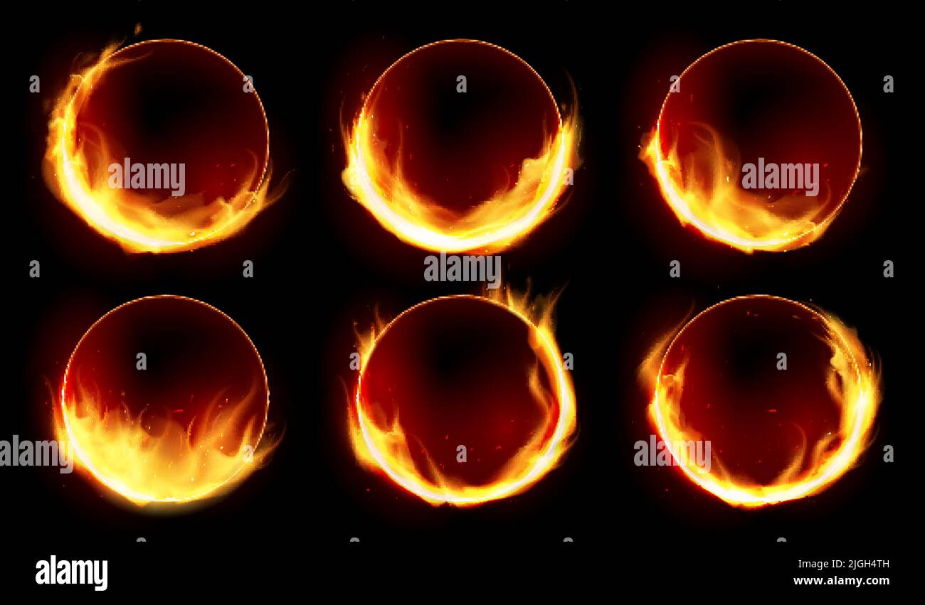 Realistic set of six fire burning round frames isolated on blank ...
