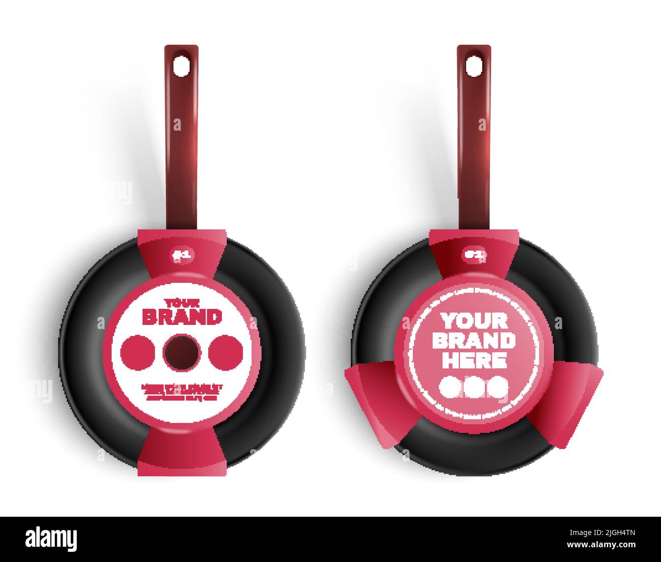 Two realistic non stick frying pans with packaging template isolated on ...