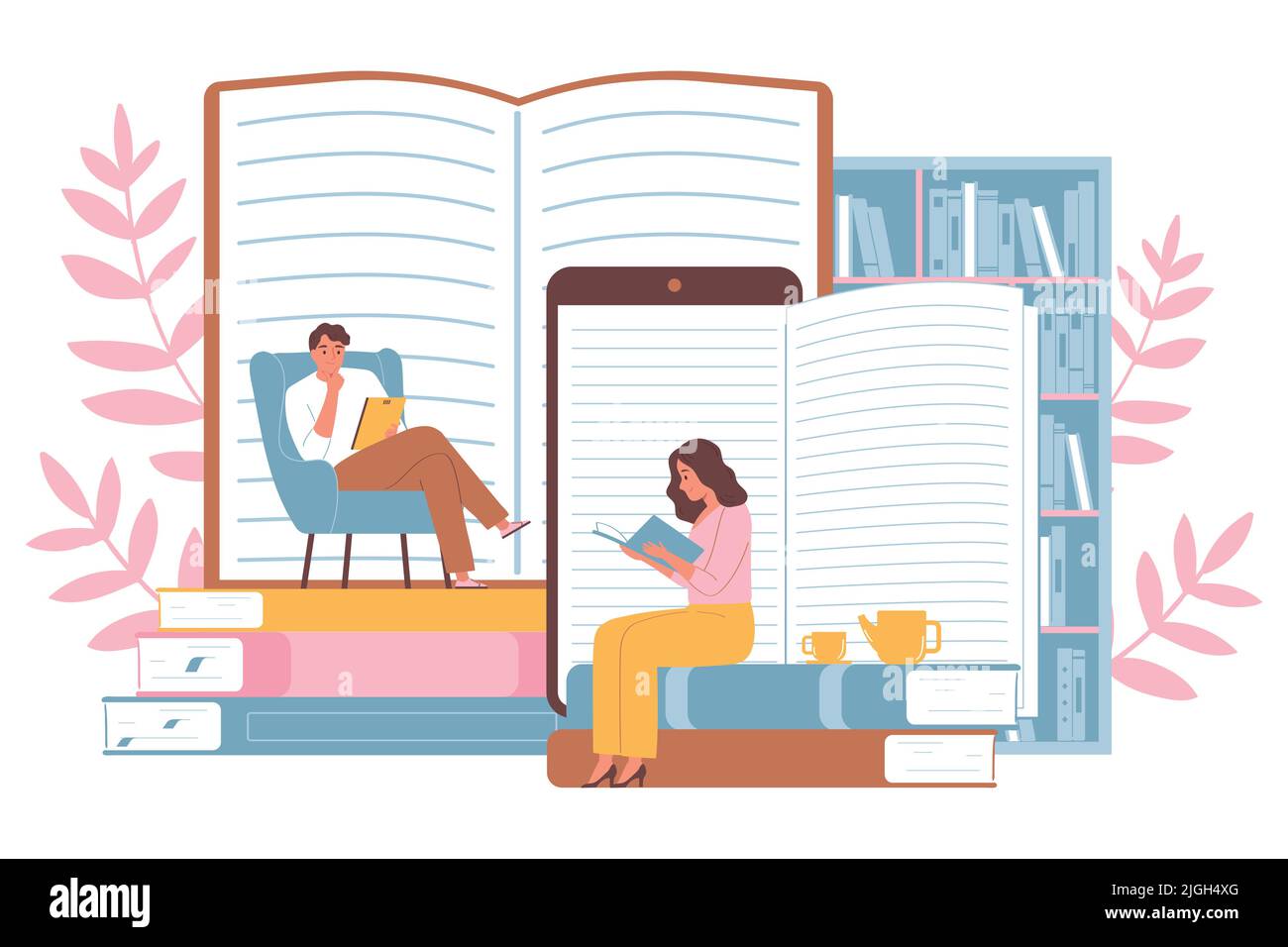 Online library flat composition with little characters of reading woman ...