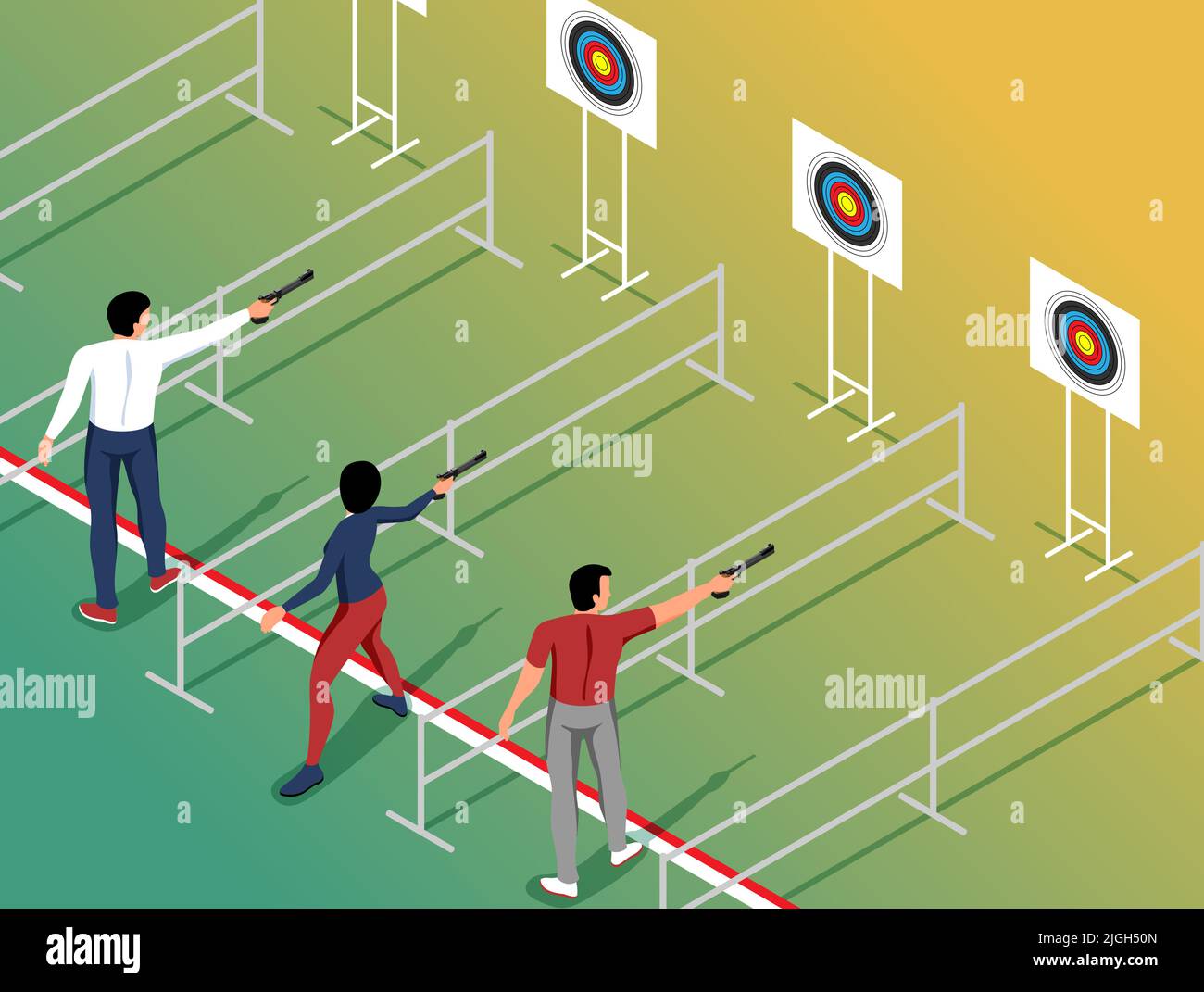 Isometric shooting range composition with view of people fire guns with ...