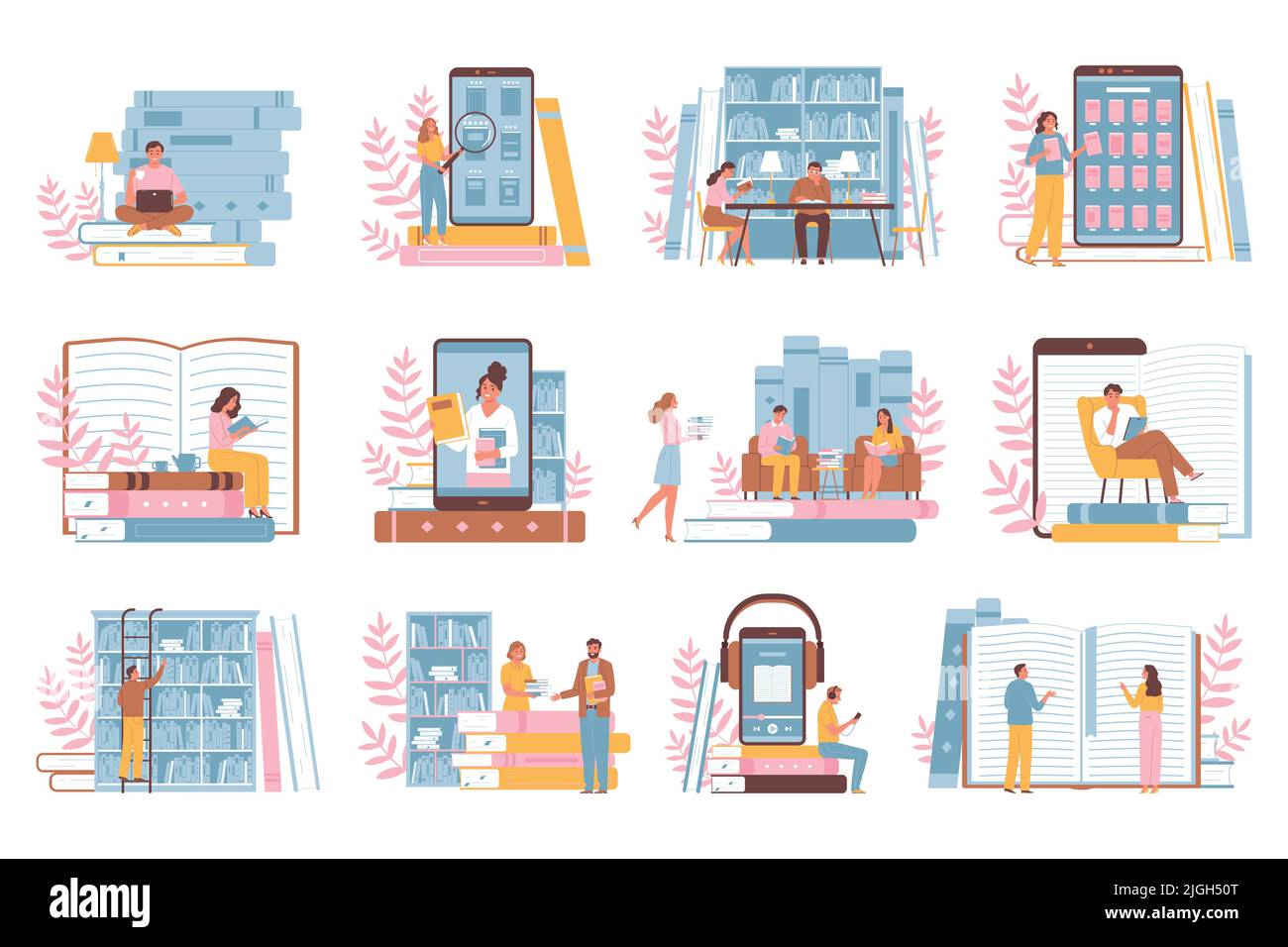 Online library flat set with reading people book shelves and mobile ...