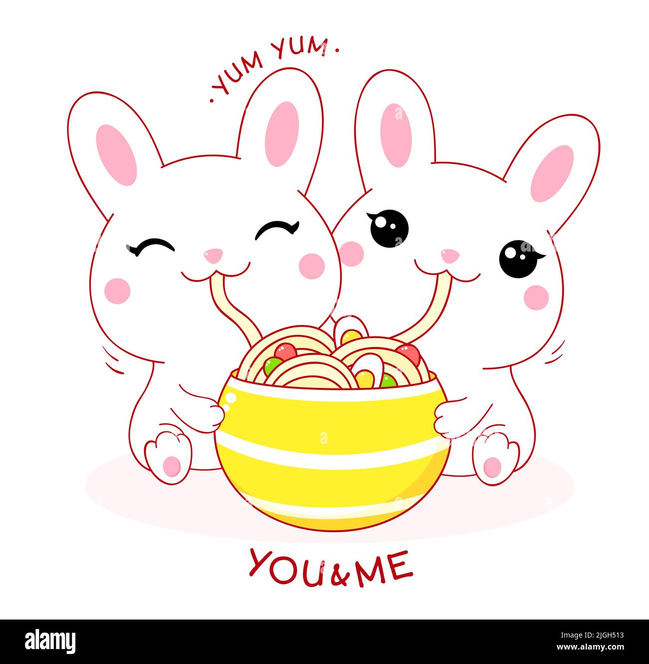 Two cute white rabbits eat ramen noodles. Inscription You and me ...