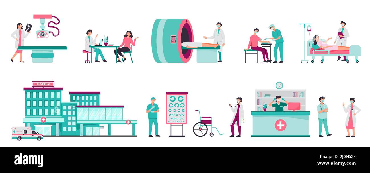 Hospital set with isolated compositions of outdoor buildings and ...