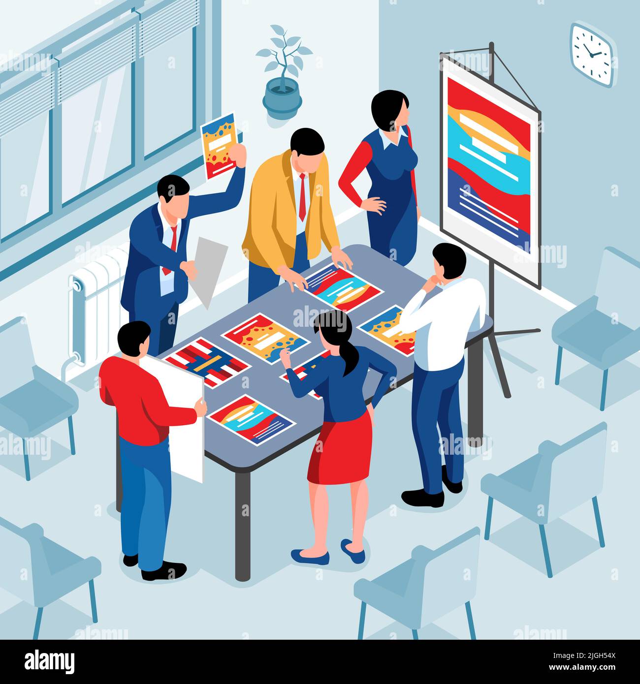 Isometric advertising agency composition with indoor office scenery and ...