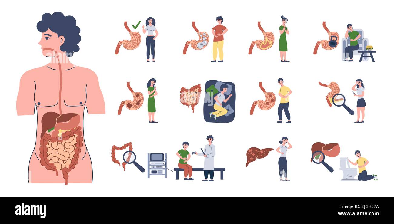 Stomach diseases set with flat isolated icons of damaged stomach with ...