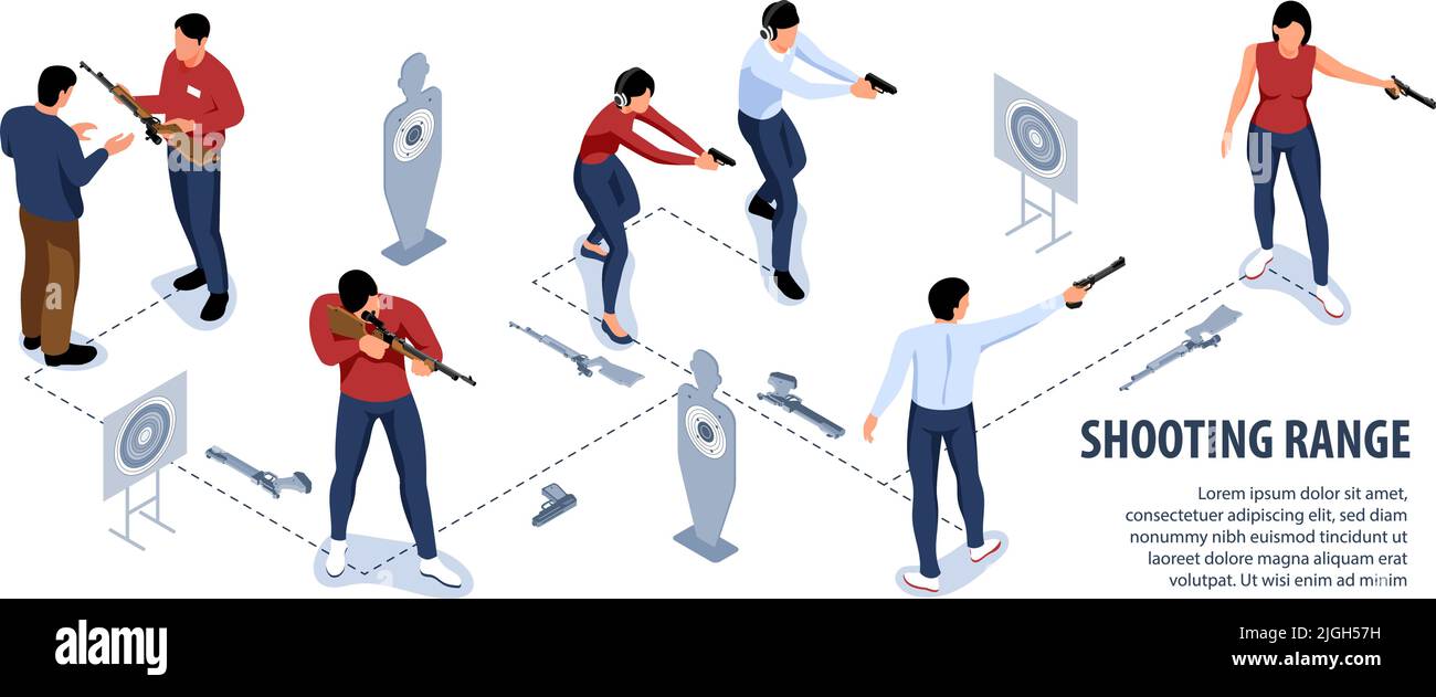 Isometric shooting range infographics with editable text and icons of ...