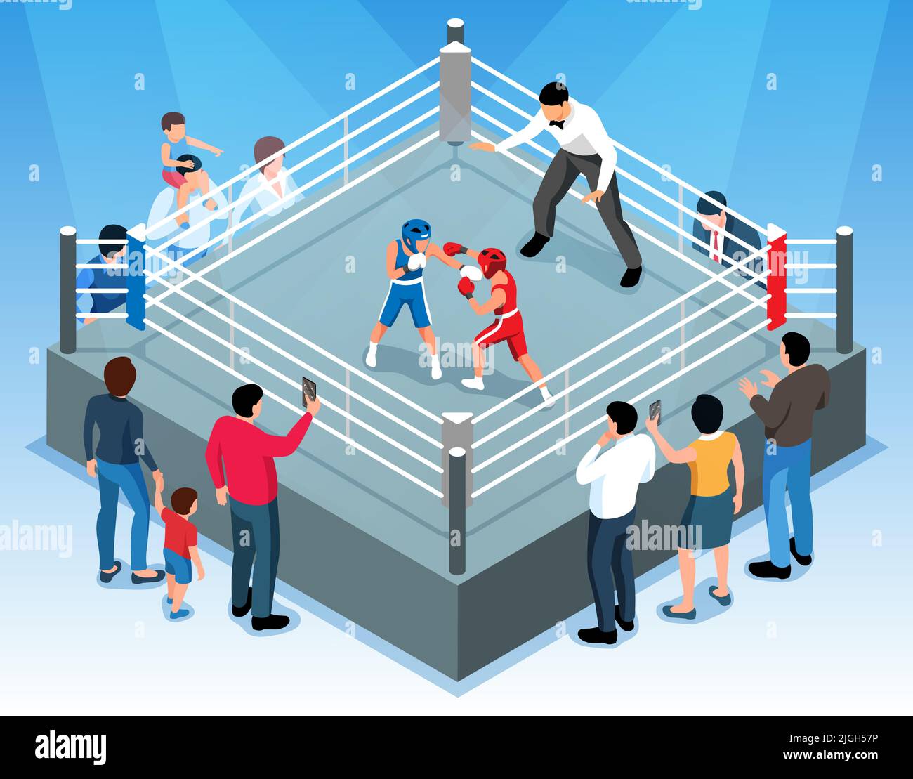 Isometric children boxing composition with view of boys fighting on ...