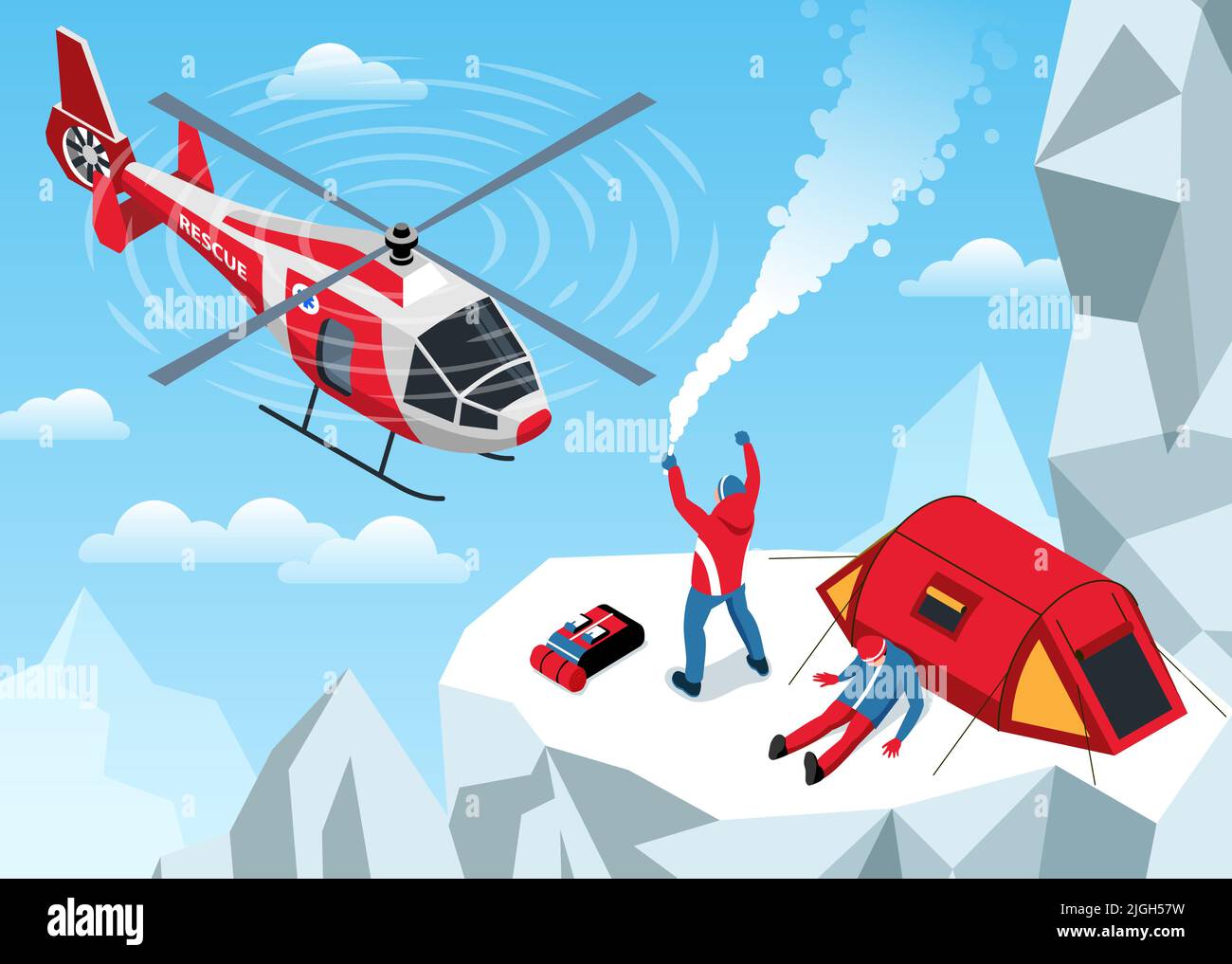 Isometric emergency service horizontal composition with mountain ...