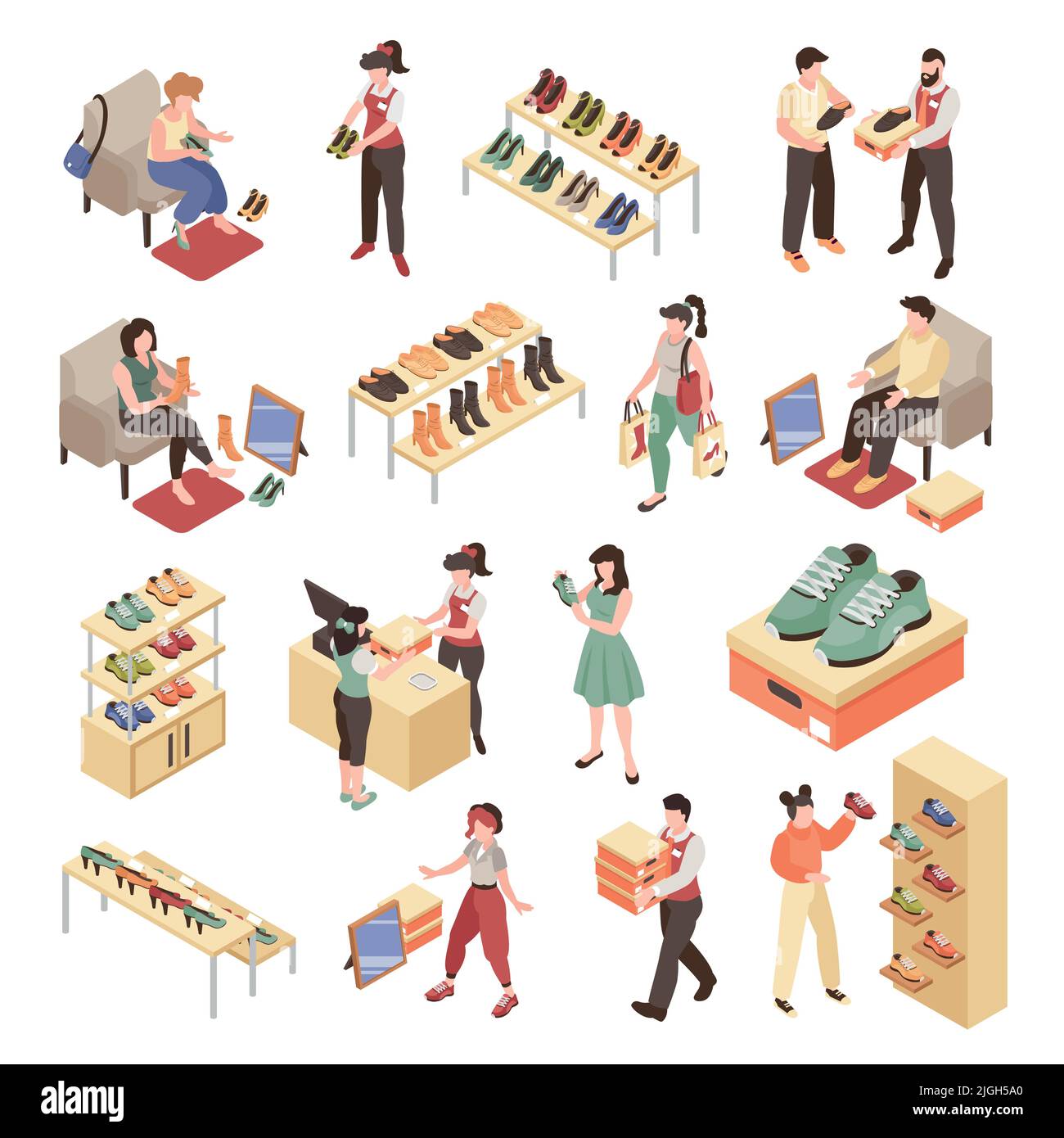 Shop assistants helping customers choose footwear in shoe store ...