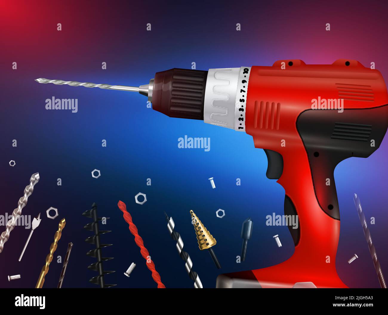 Red drilling machine and scattering of various types of augers nuts ...