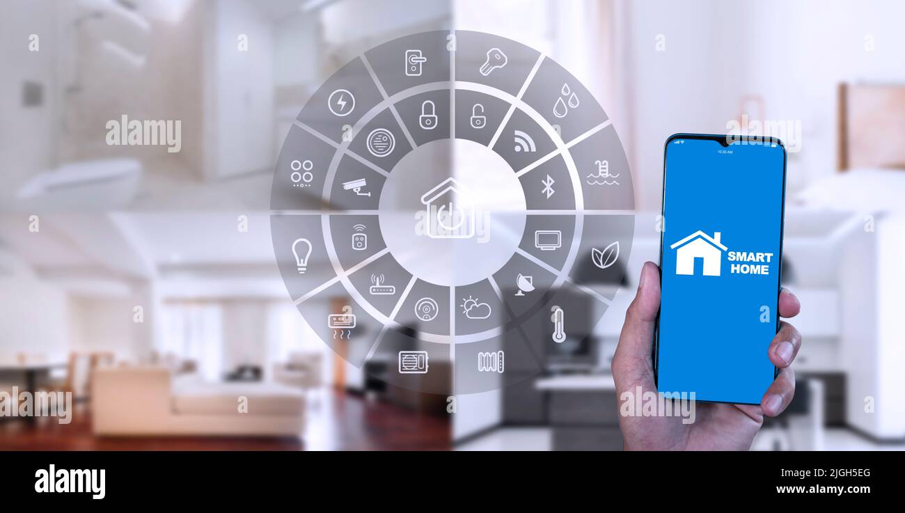 Man hand show smartphone smarth home GUI control every room in house ...