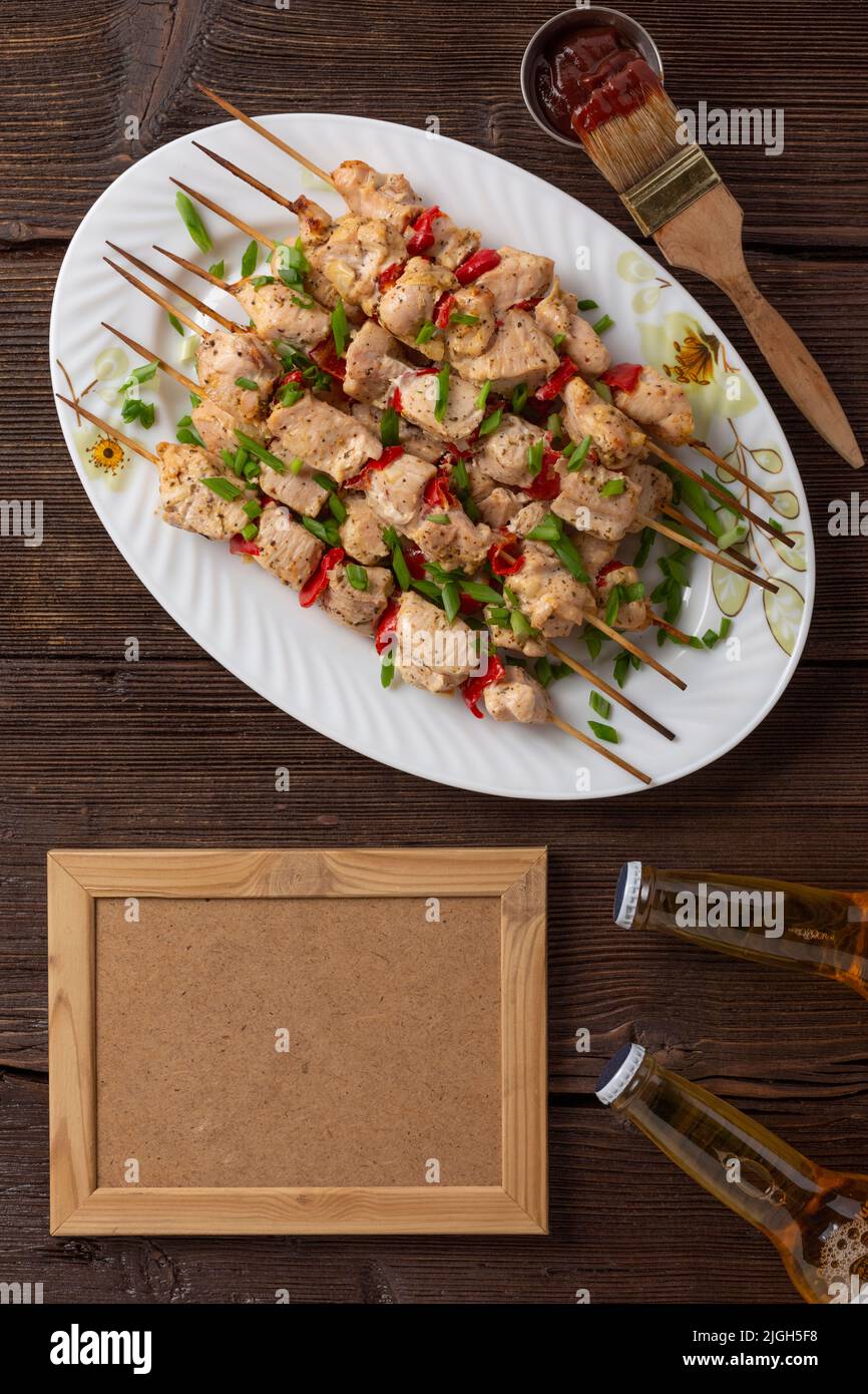 Barbecue with barbecue and beer outdoors. menu of the summer terrace of ...