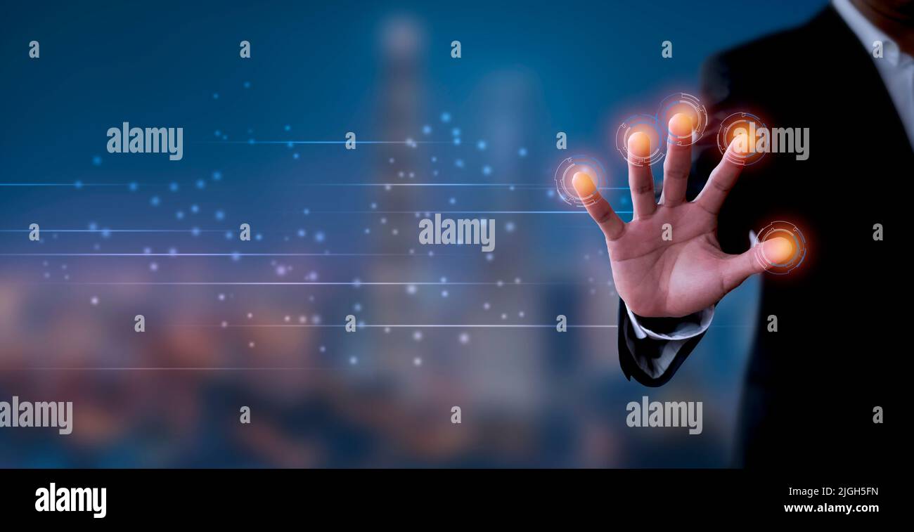 Businessman hand using fingerprint identification to access personal ...