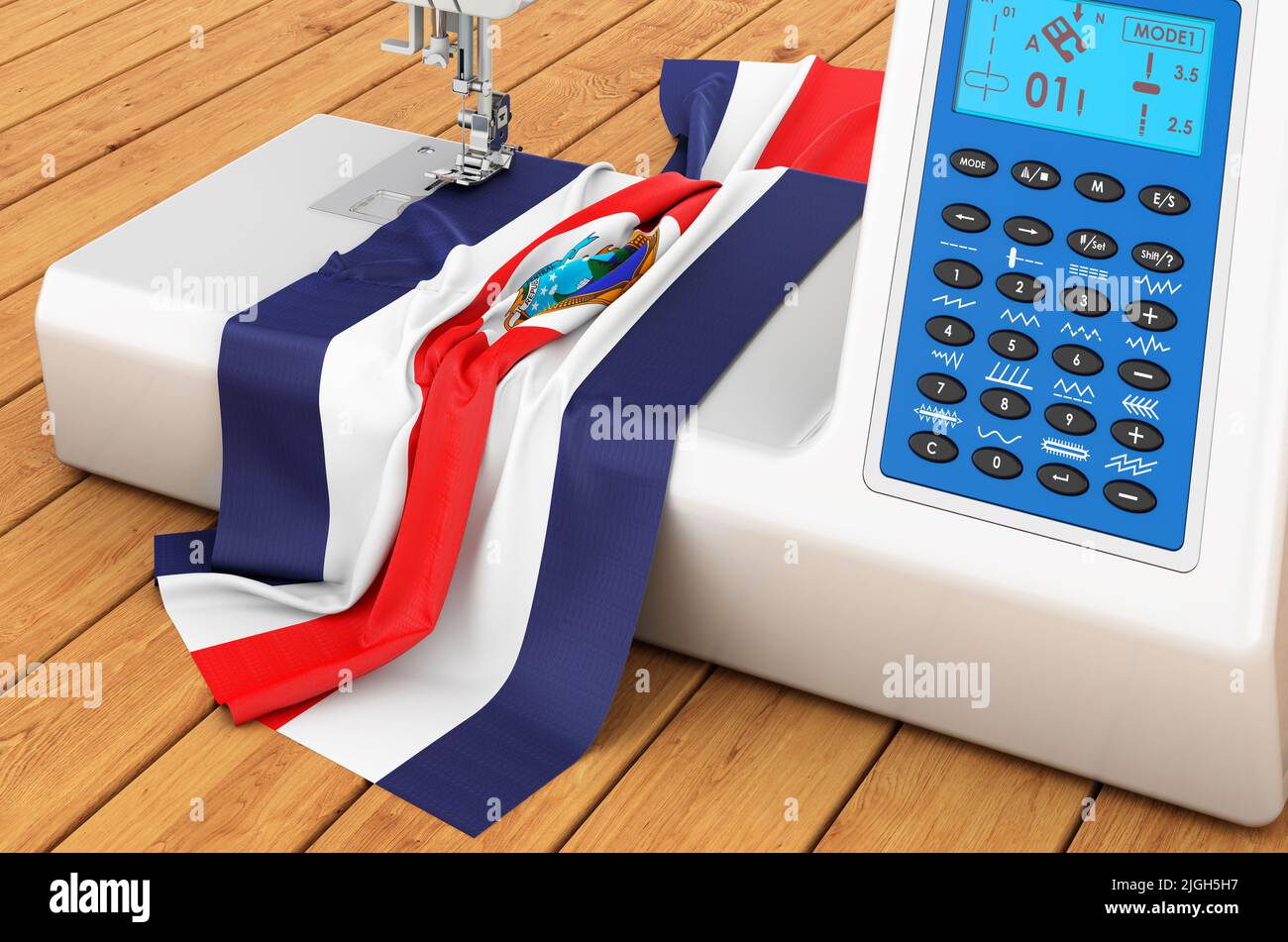 Modern sewing machine with Costa Rican flag on the wooden table. 3D ...