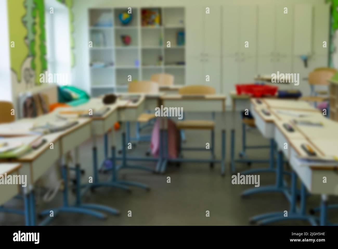 blurred background Empty school classroom during recess between lessons ...