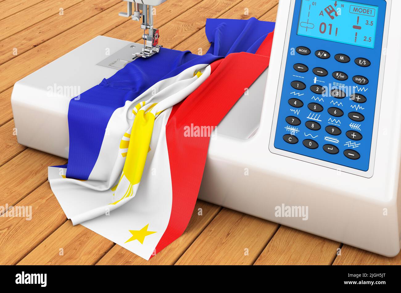 Modern sewing machine with Filipino flag on the wooden table. 3D ...