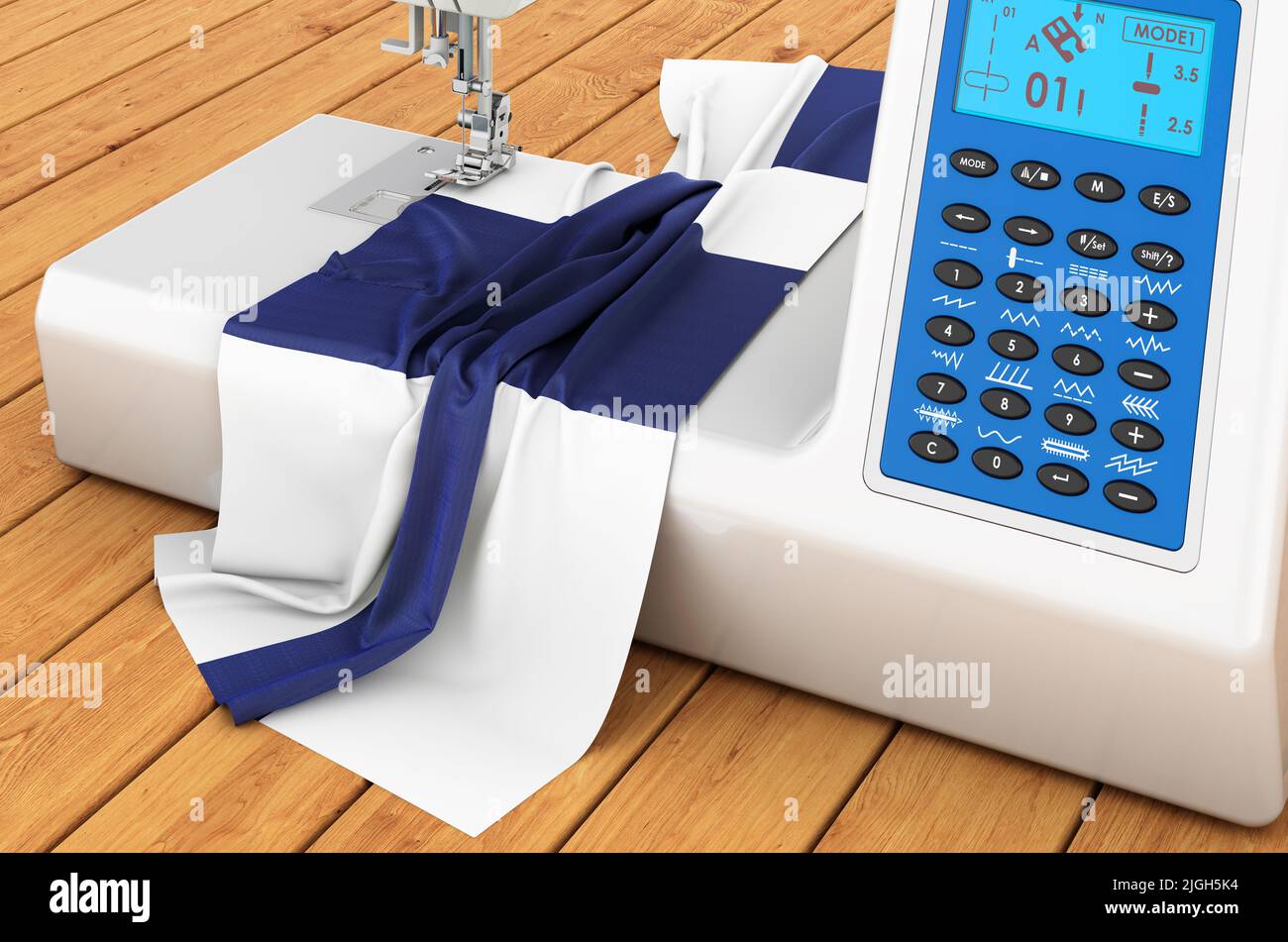 Modern sewing machine with Finnish flag on the wooden table. 3D ...