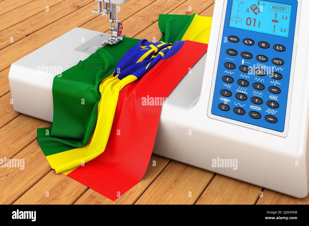 Modern sewing machine with Ethiopian flag on the wooden table. 3D ...