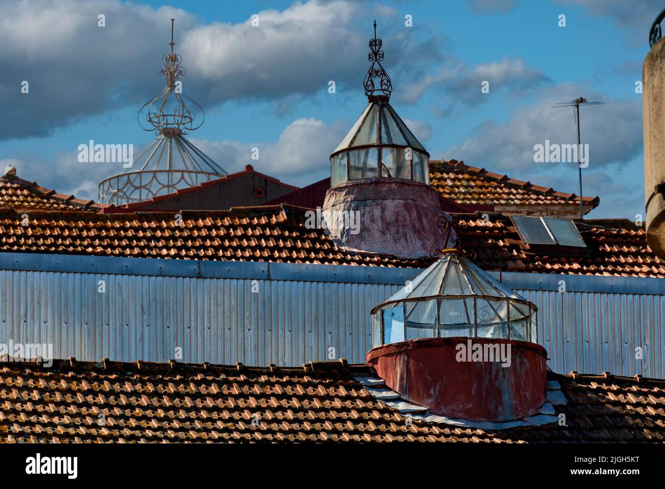 traditional glass skylights topped with a wrought iron spire on a roof ...