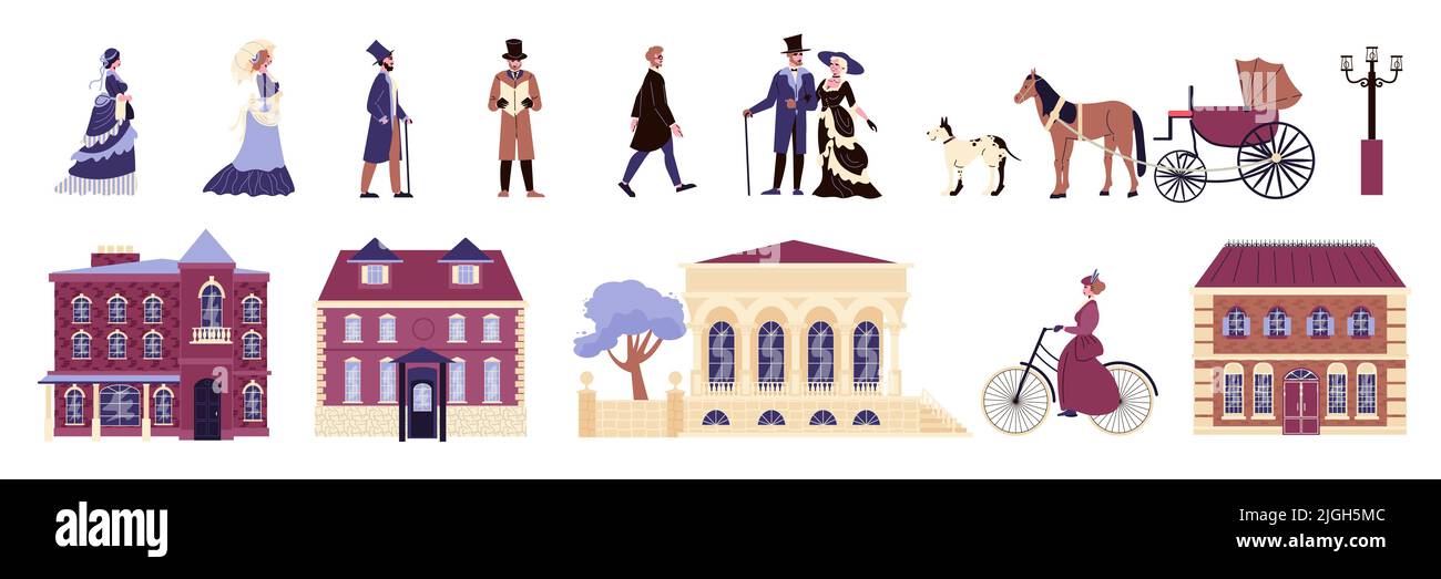 18th 19th century old town victorian set with isolated icons of classic ...