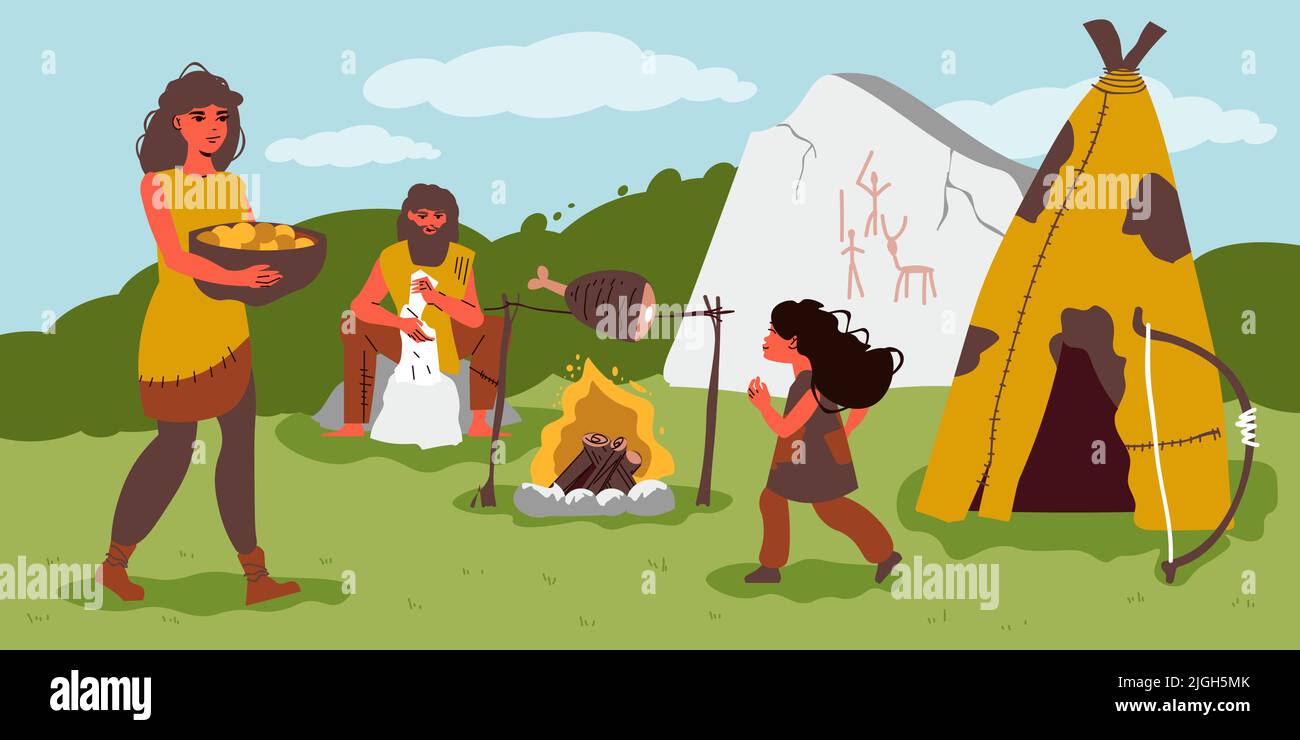 Primitive people lifestyle flat background with primeval hut and meat ...