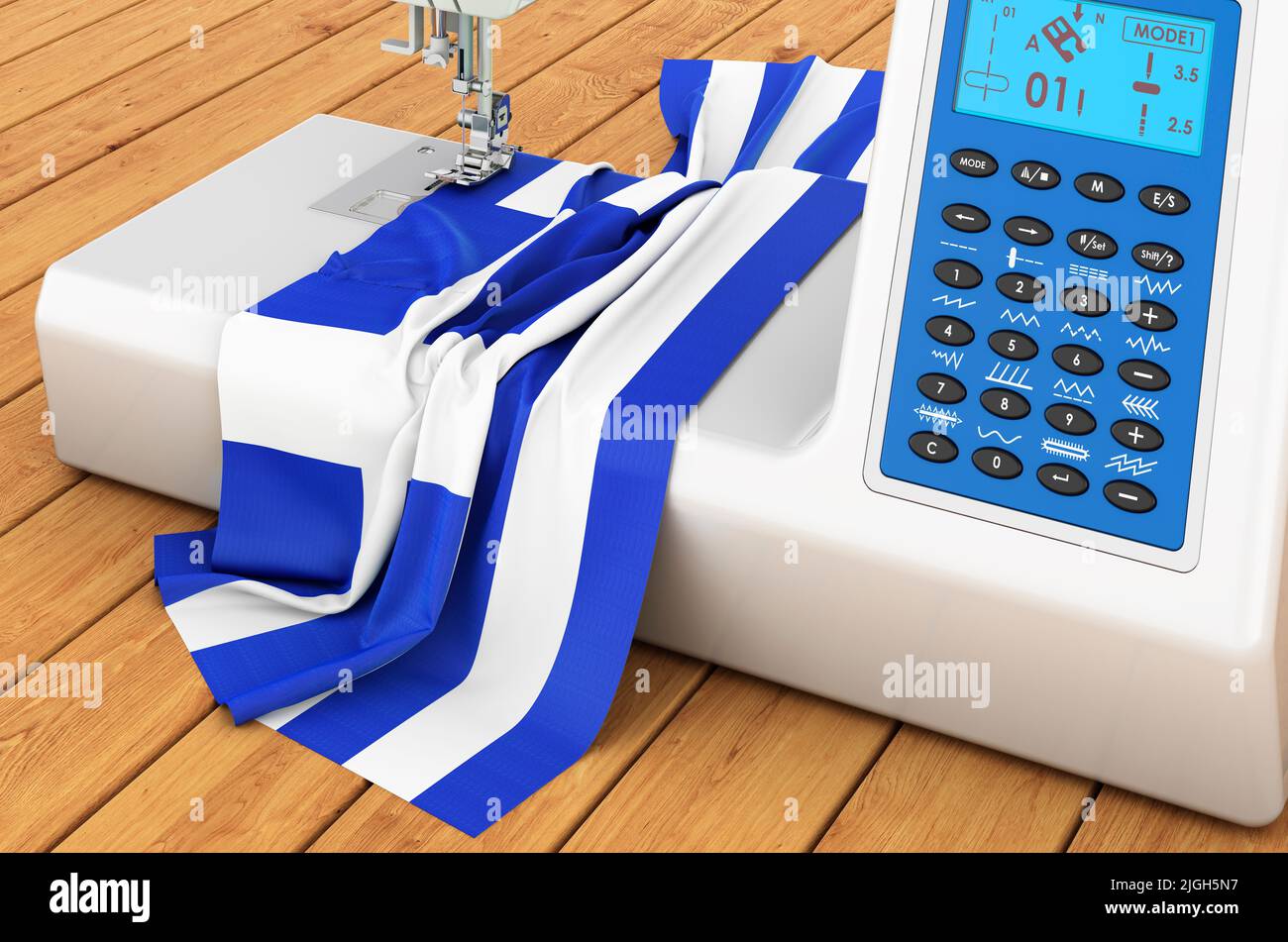 Modern sewing machine with Greek flag on the wooden table. 3D rendering ...