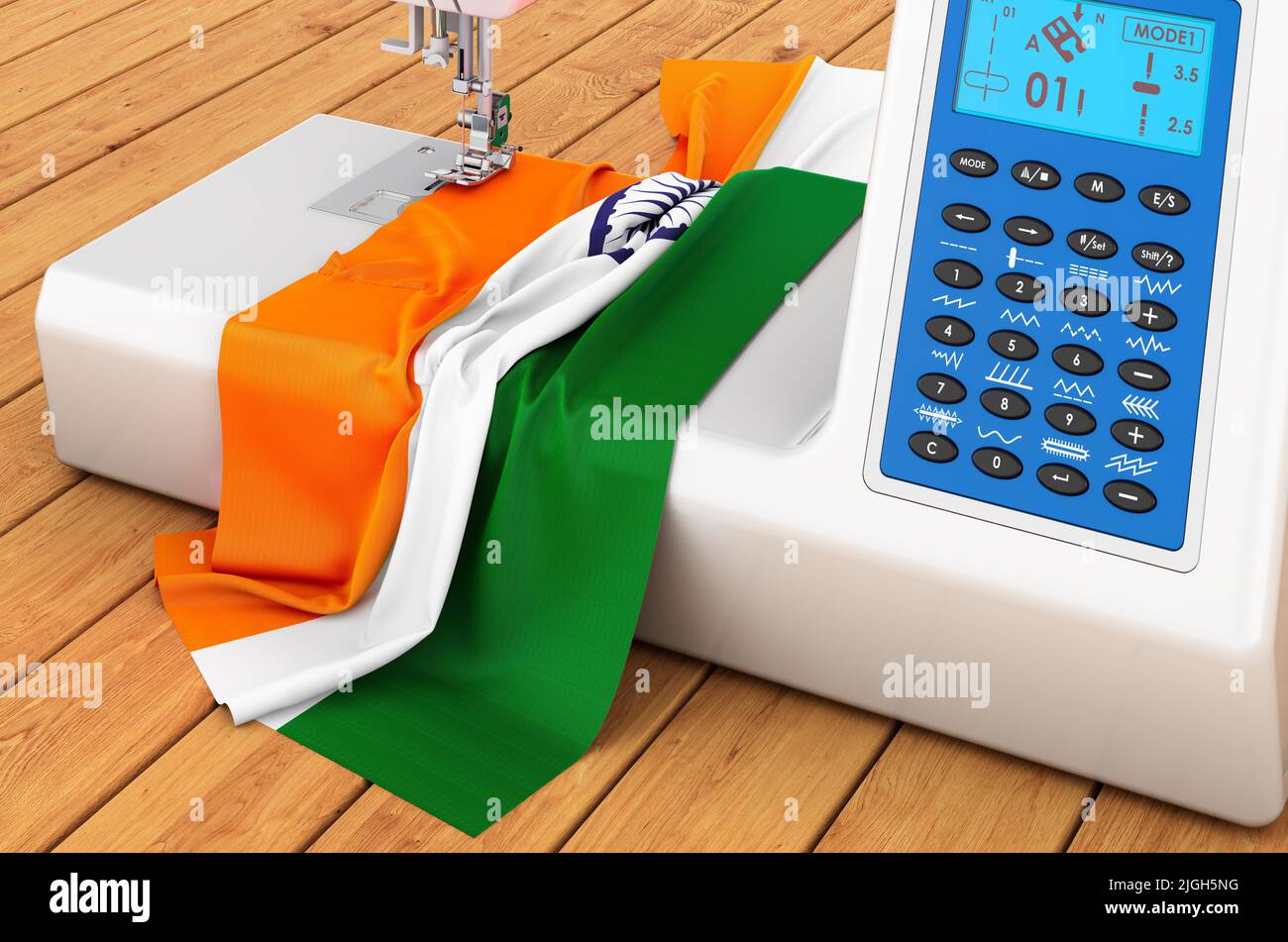 Modern sewing machine with Indian flag on the wooden table. 3D ...
