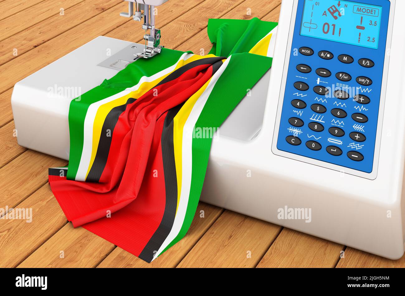 Modern sewing machine with Guyanese flag on the wooden table. 3D ...