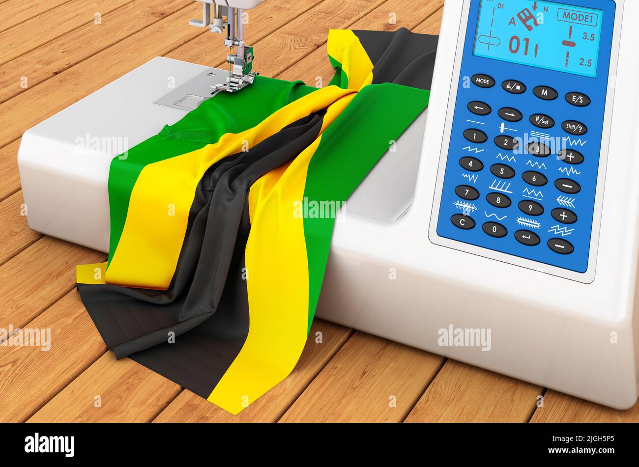 Modern sewing machine with Jamaican flag on the wooden table. 3D ...
