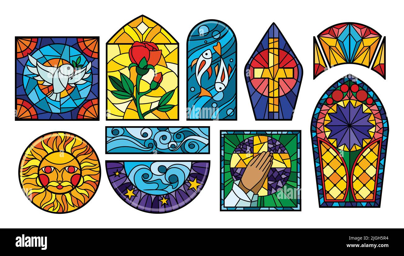 Stained glass mosaic windows set with bird fish cross sun rose images ...