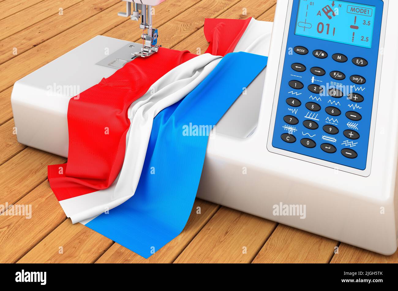 Modern sewing machine with Luxembourgish flag on the wooden table. 3D ...