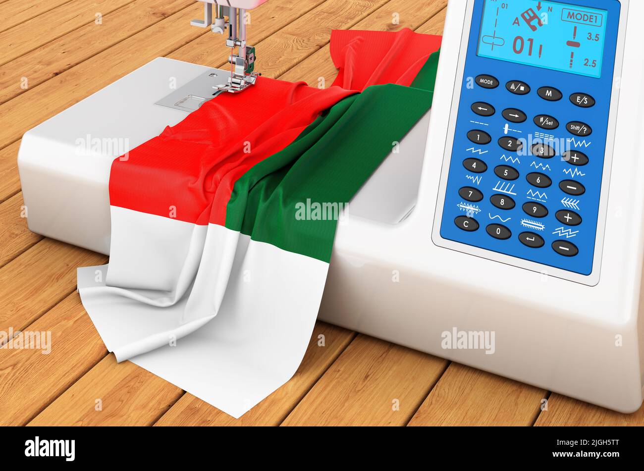 Modern sewing machine with Madagascar flag on the wooden table. 3D ...