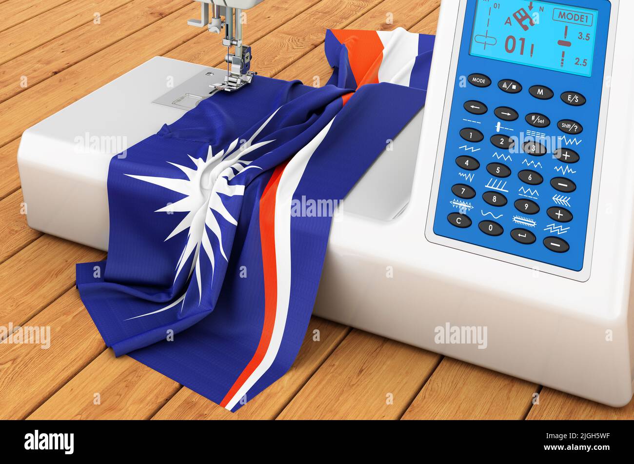 Modern sewing machine with Marshallese flag on the wooden table. 3D ...