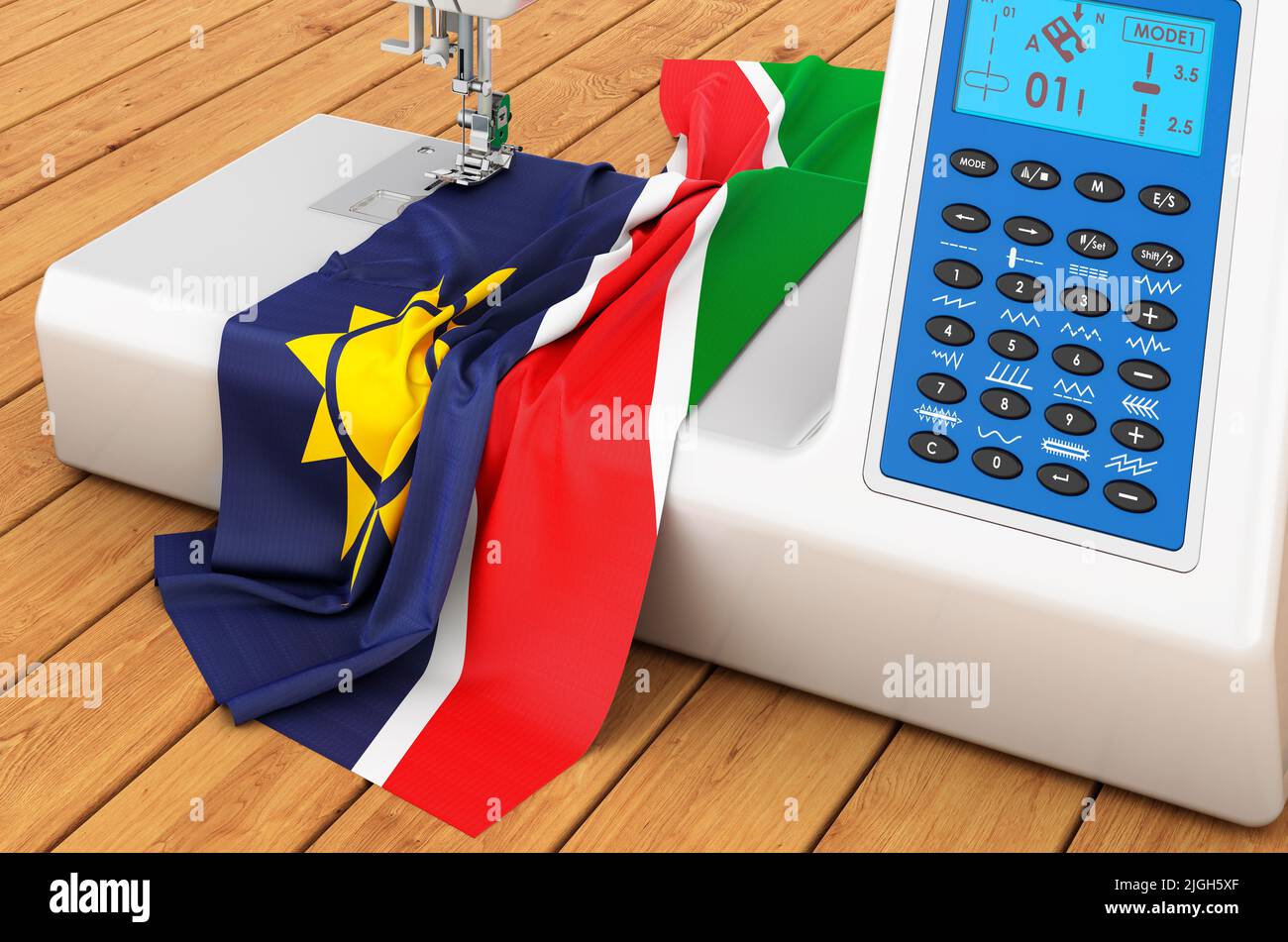 Modern sewing machine with Namibian flag on the wooden table. 3D ...