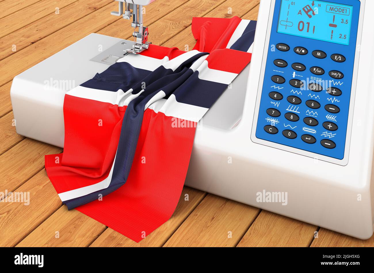 Modern sewing machine with Norwegian flag on the wooden table. 3D ...