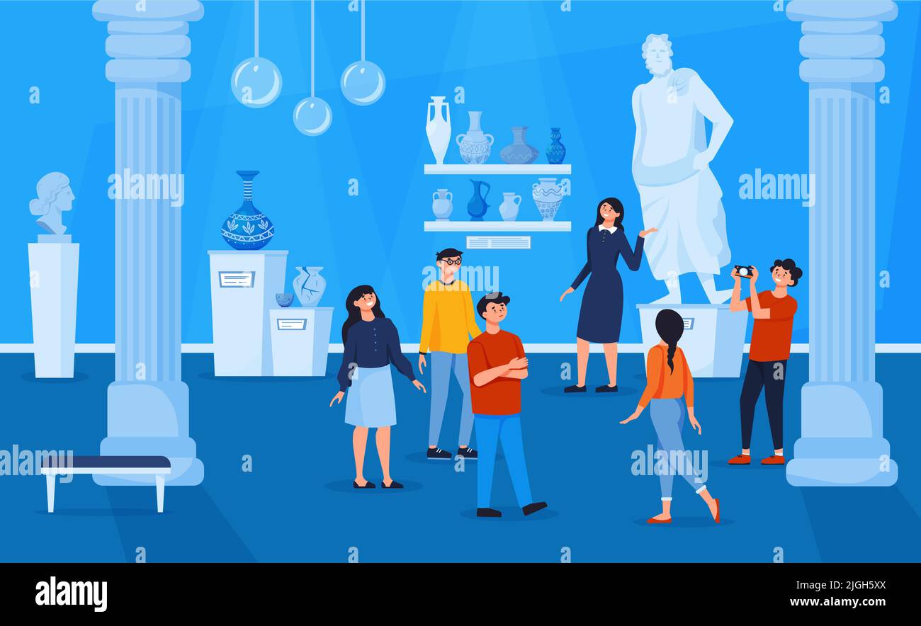 Excursion in museum flat background with tour guide telling group of ...