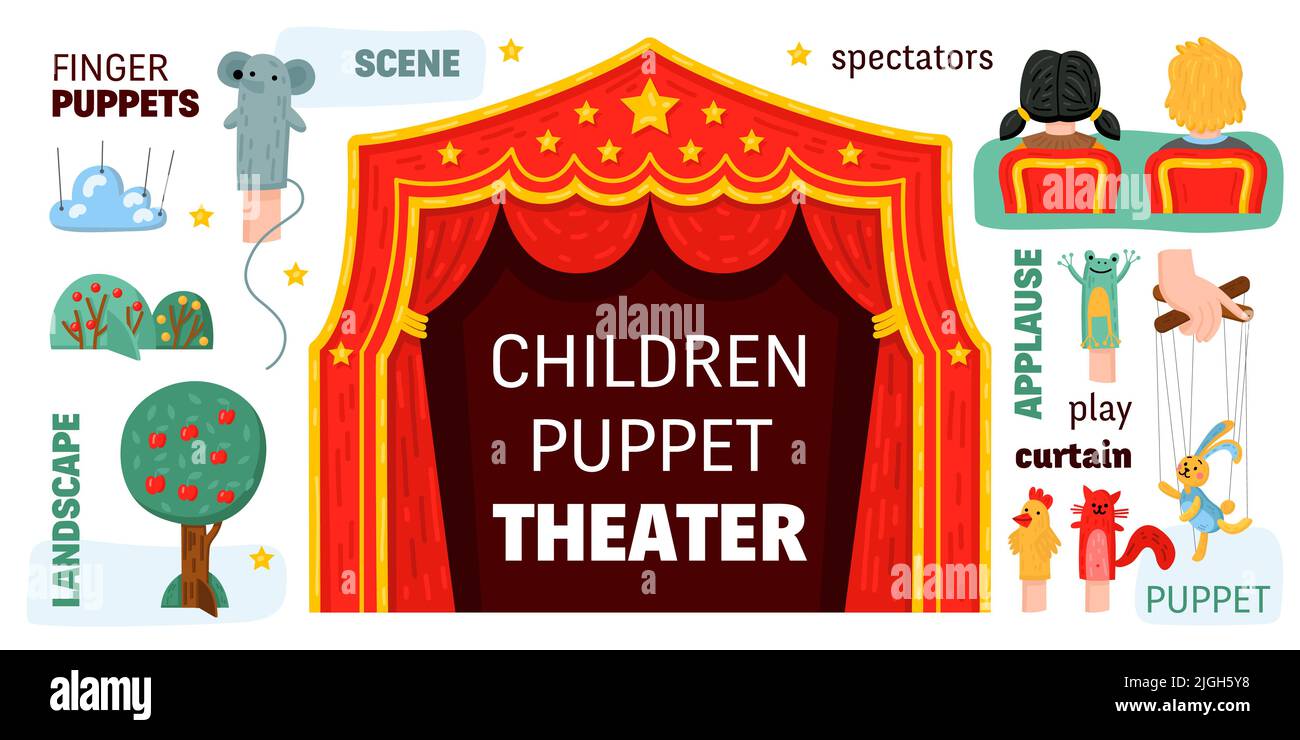 Children puppet theater infographics with isolated icons of puppets ...