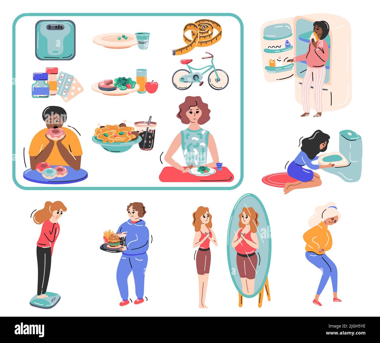 FP eating disorders flat set with isolated icons of food medication and ...