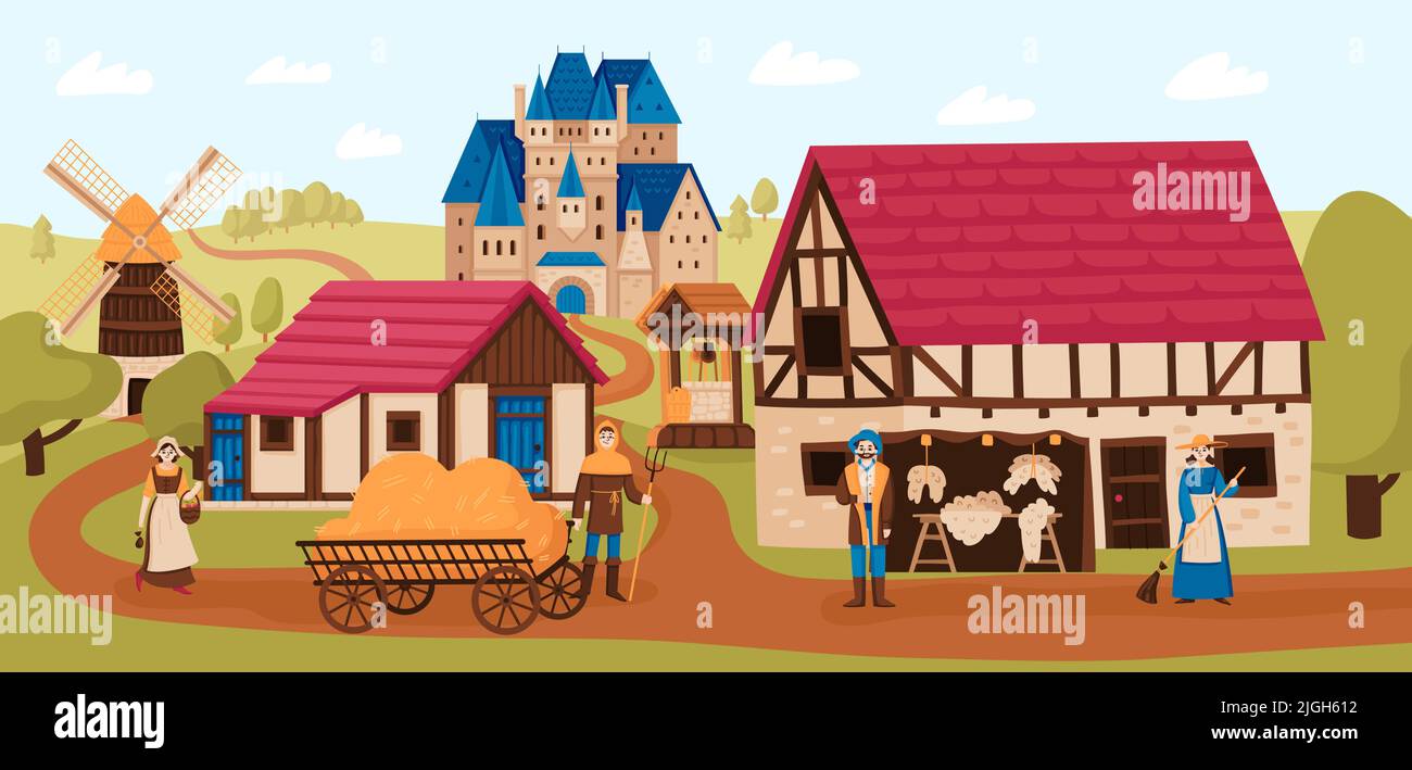 Medieval composition with outdoor summer landscape with mill buildings ...