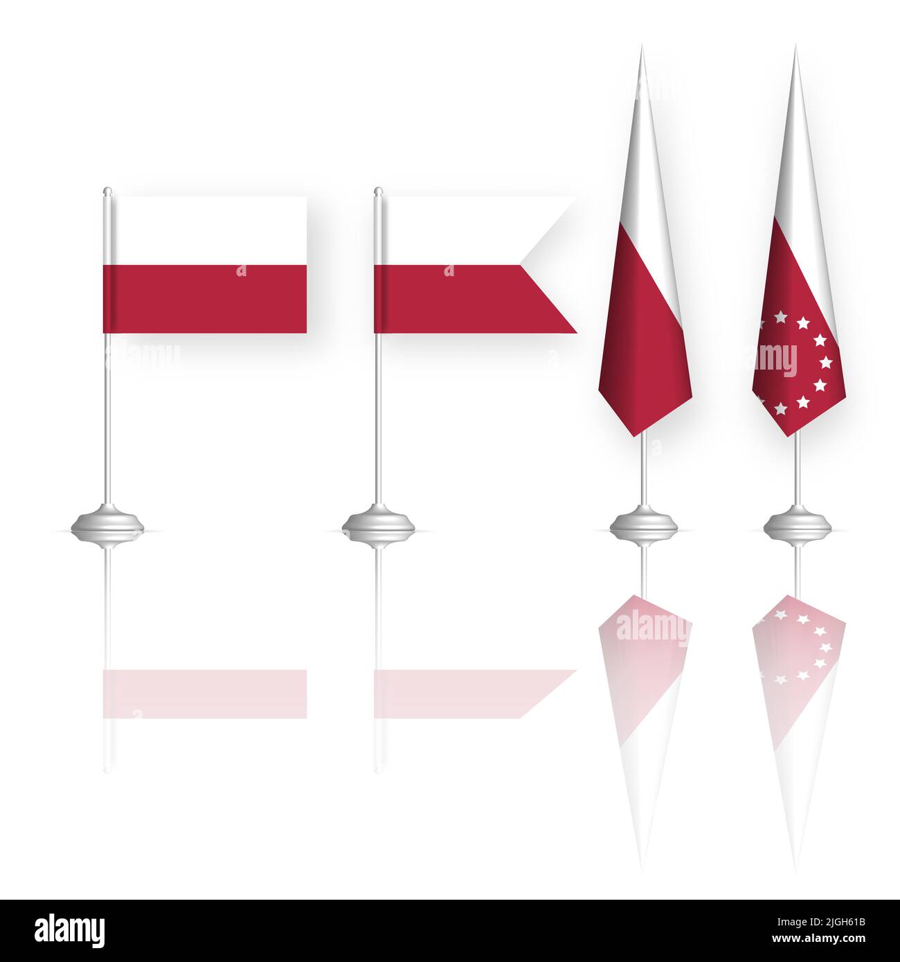 Polish flag in four versions with mirror reflection. Front view, vector ...