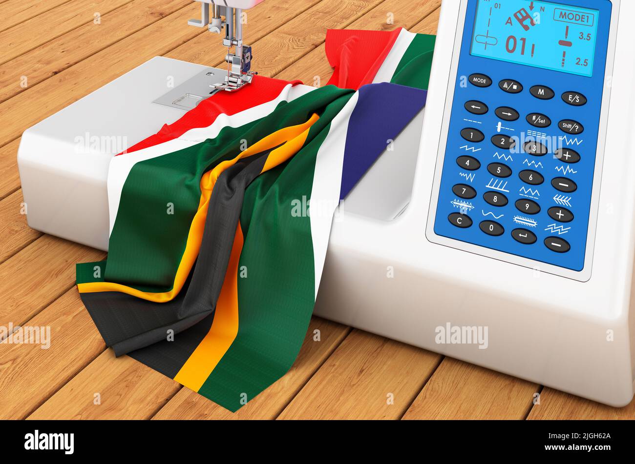 Modern sewing machine with South African flag on the wooden table. 3D ...